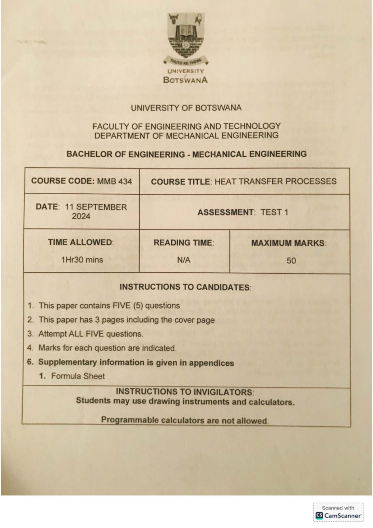 MMB 434 Test 1: Heat Transfer Processes Assessment 2024 - Studocu