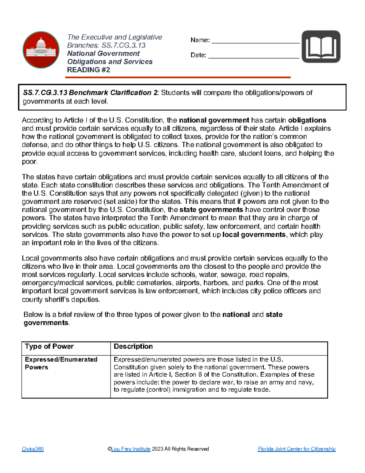 National & State Government Powers Overview: SS.7.CG.3.13 Guide - Studocu