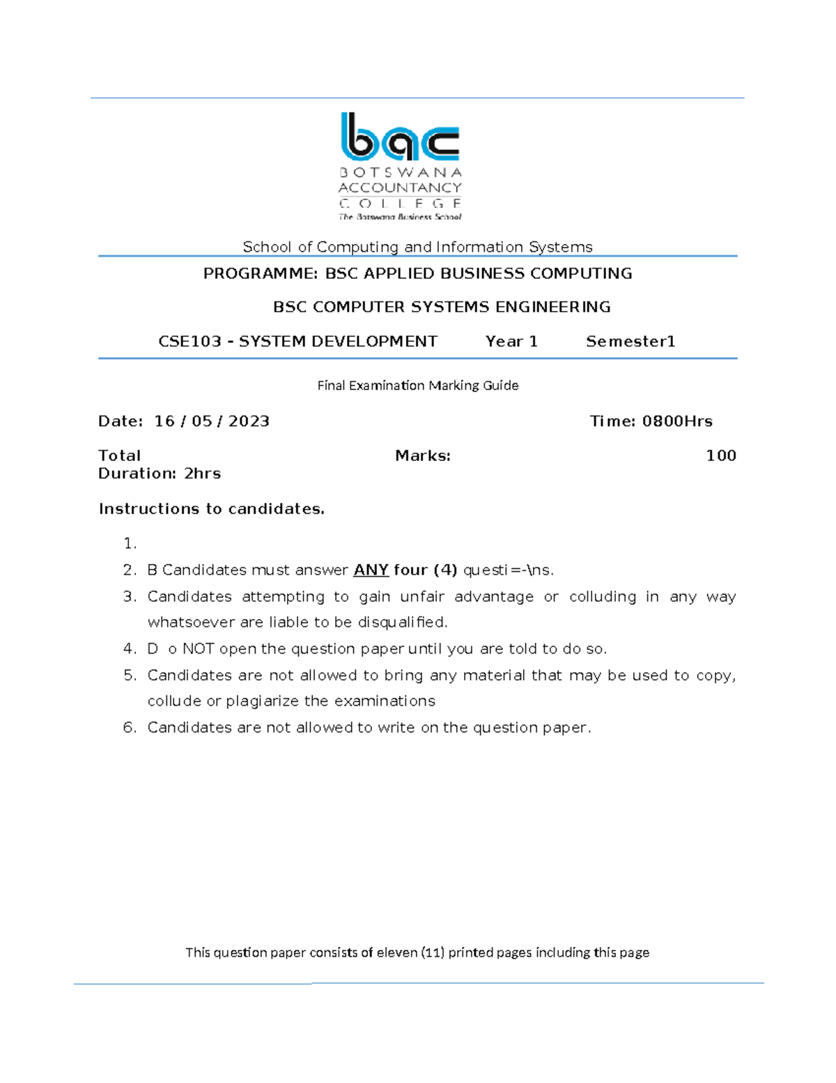 SD CSE103 Final Exam Marking Guide - May 2023 - Studocu