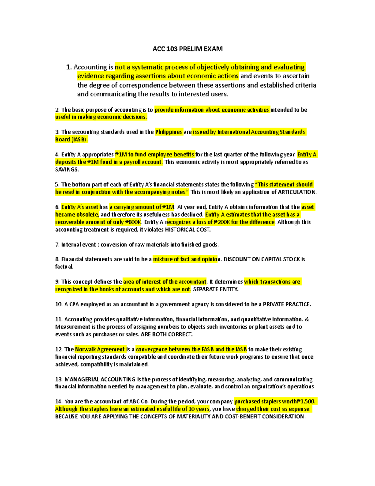 ACC 103 Preliminary Exam Review: Key Questions and Answers - Studocu