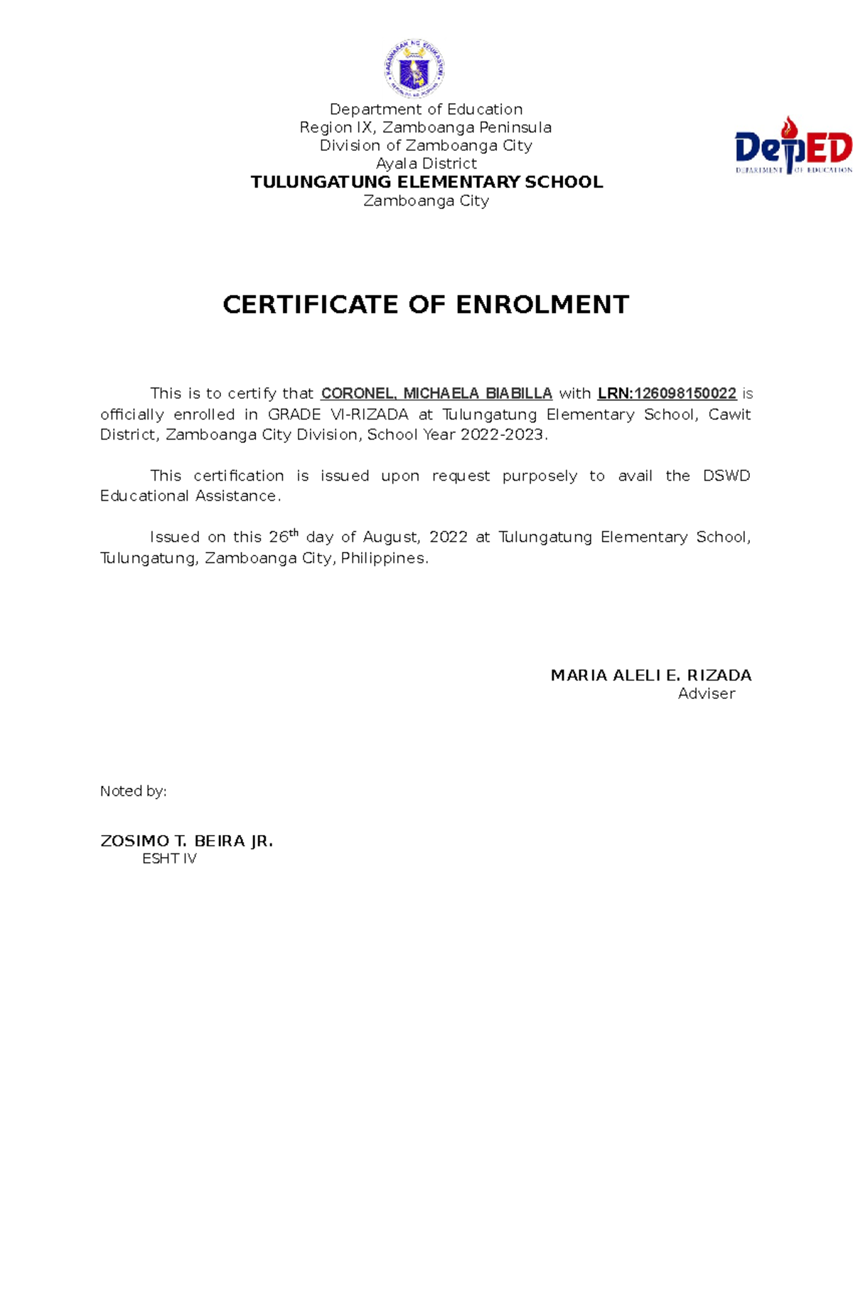CERT - Sample Certificate of Enrolment for Tulungatung Elementary - Studocu
