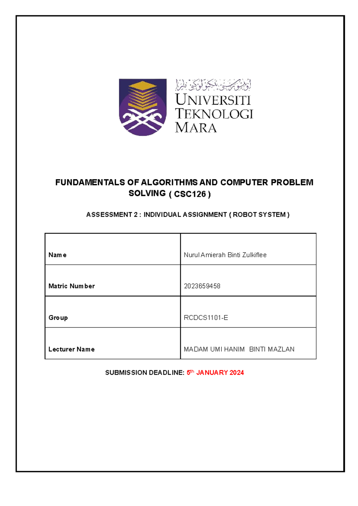 CSC126 Assessment 2: Robot System Individual Assignment - Studocu