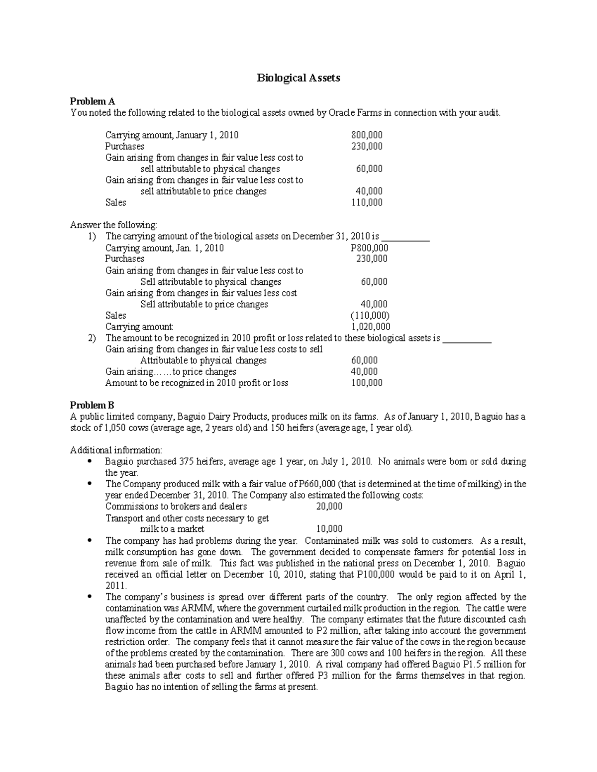 Biological Assets Audit Problems (Course Code: BA101) - Studocu