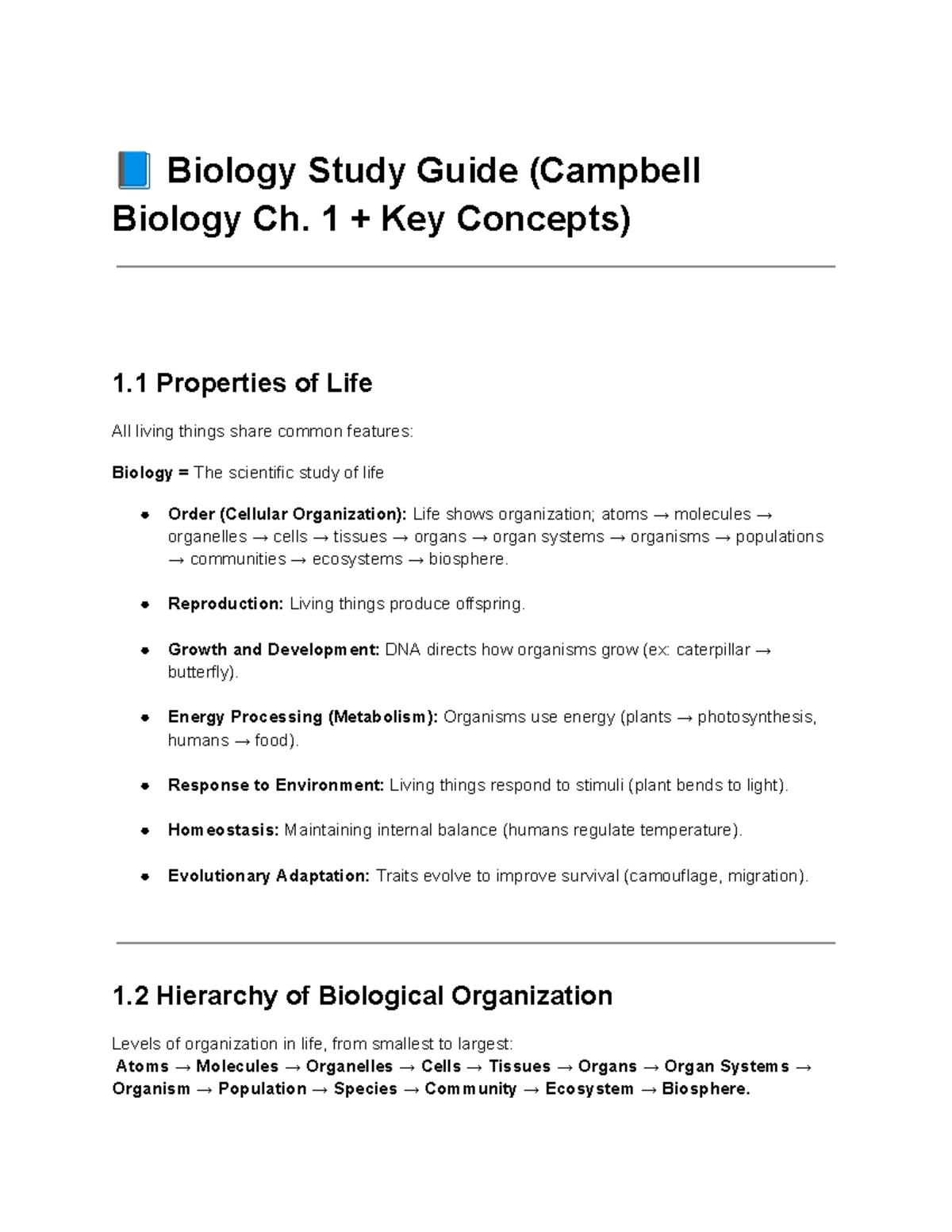 Biology Study Guide: Campbell Biology Ch. 1 Key Concepts Overview - Studocu