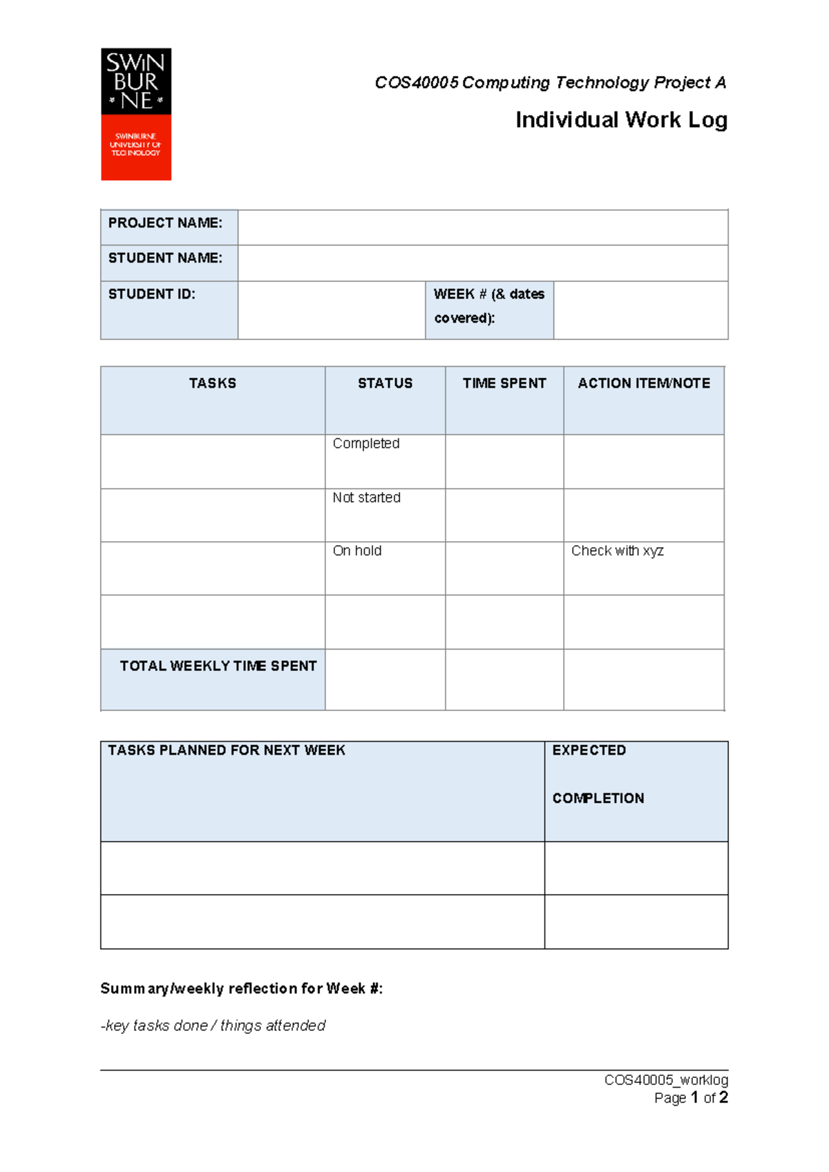 COS40005 Worklog Template-1 - IT Security - COS40005 Computing ...