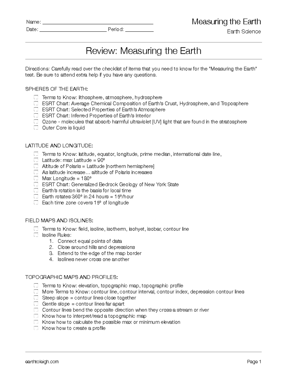 Review - Measuring the Earth - Directions: Carefully read over the ...