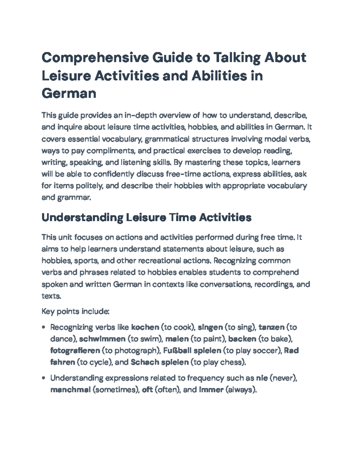 Comprehensive Guide to Leisure Activities & Abilities in German - Studocu