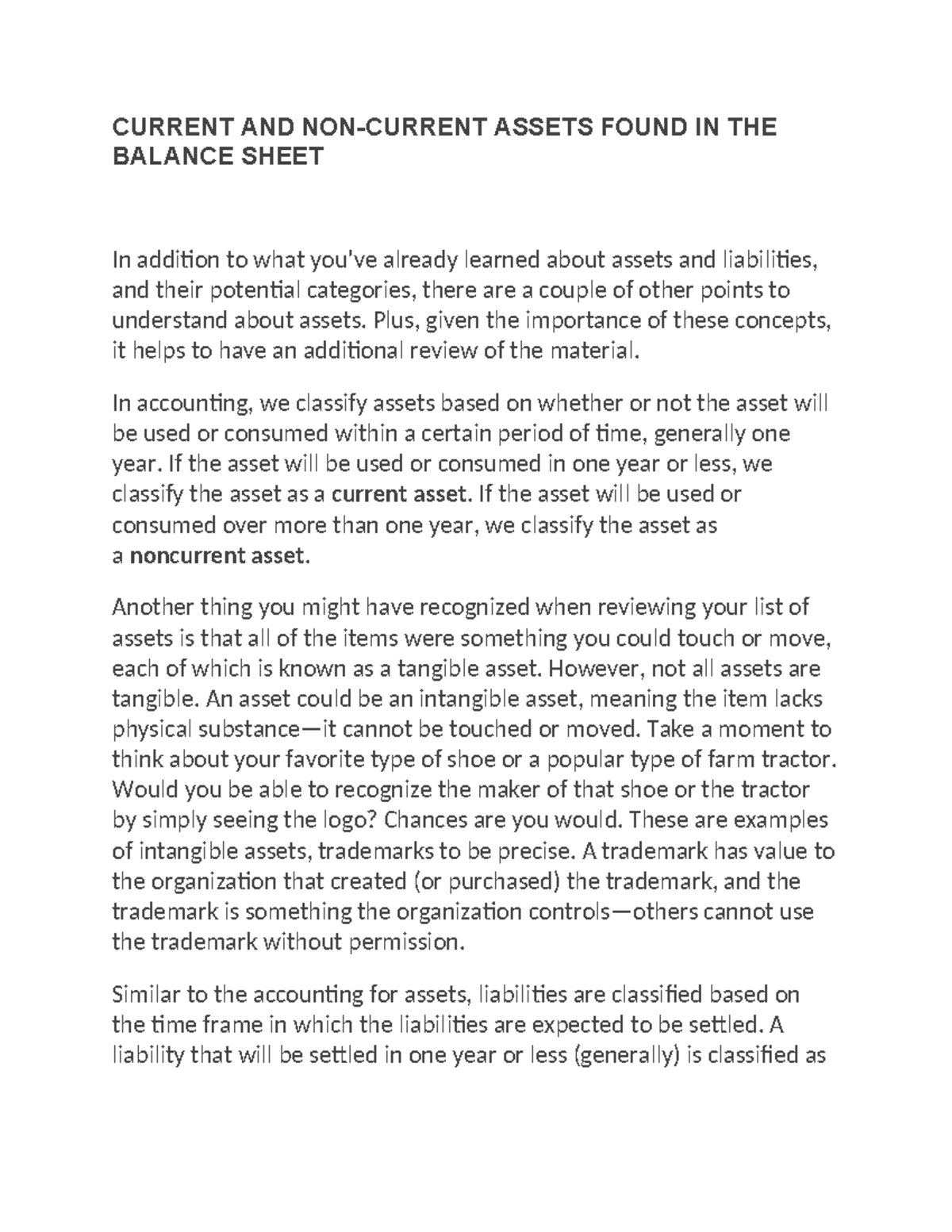 BS-Understanding Current & Non-Current Assets in Accounting - Studocu