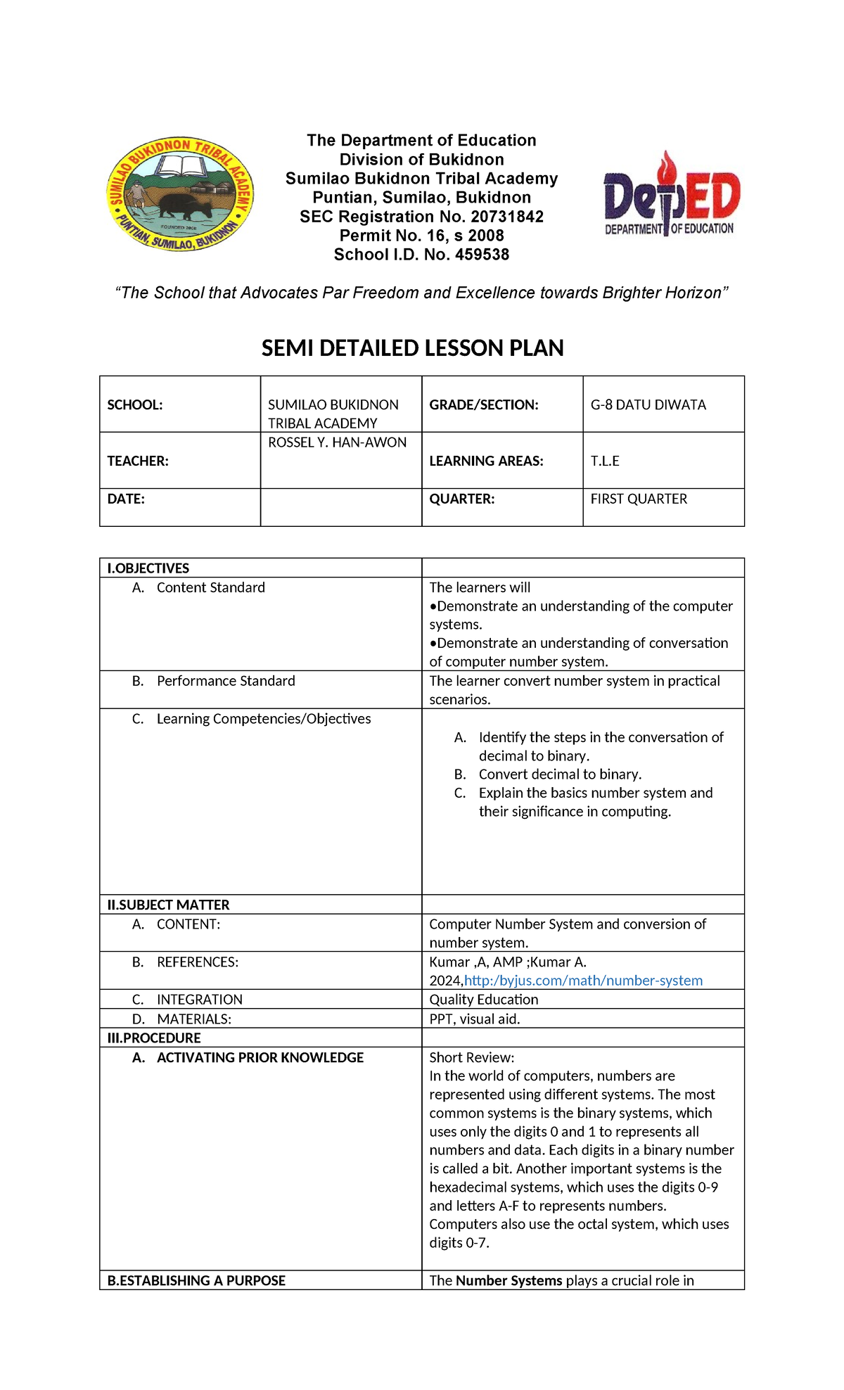 T.L.E 1st Quarter Semi-Detailed Lesson Plan on Computer Number Systems ...