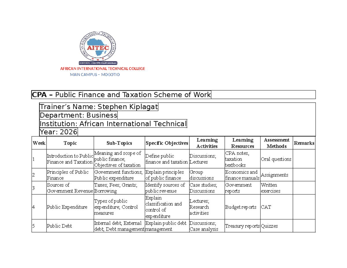 CPA Public Finance & Taxation Scheme of Work - 2026 - Studocu