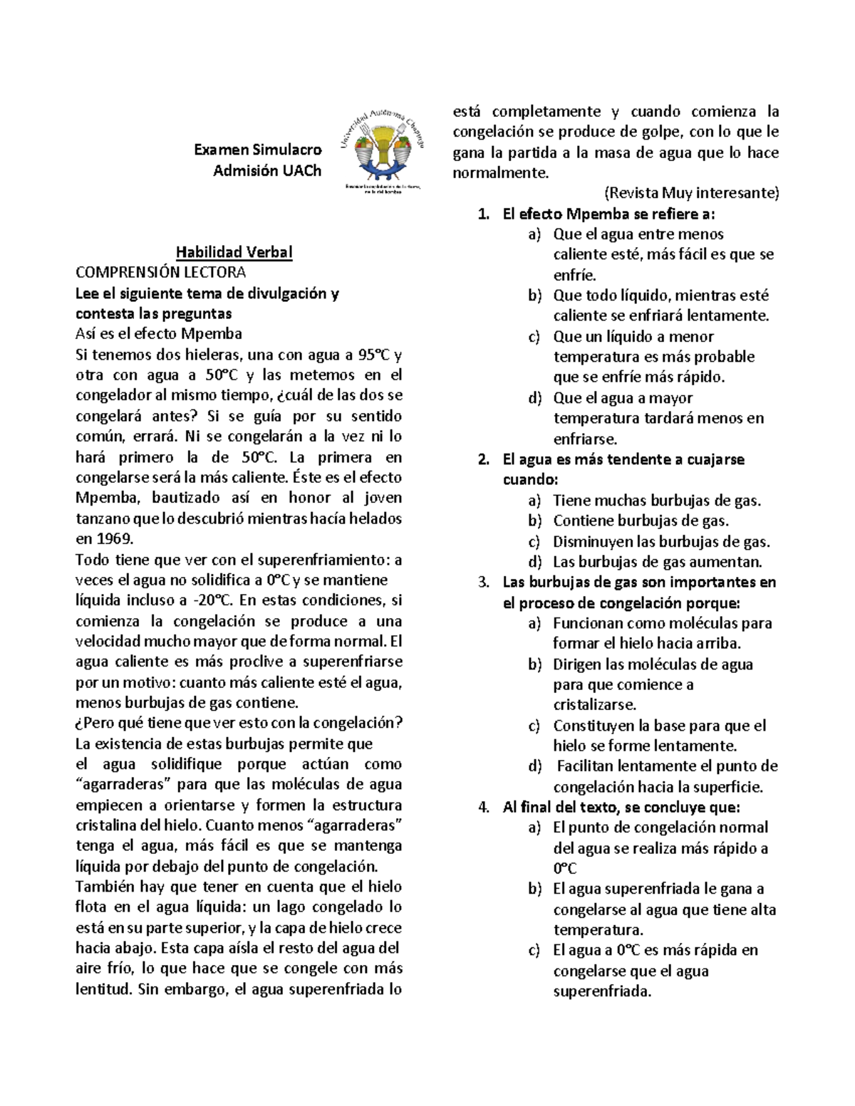 Simulacro de Examen de Habilidad Verbal y Comprensión Lectora UACh - Studocu