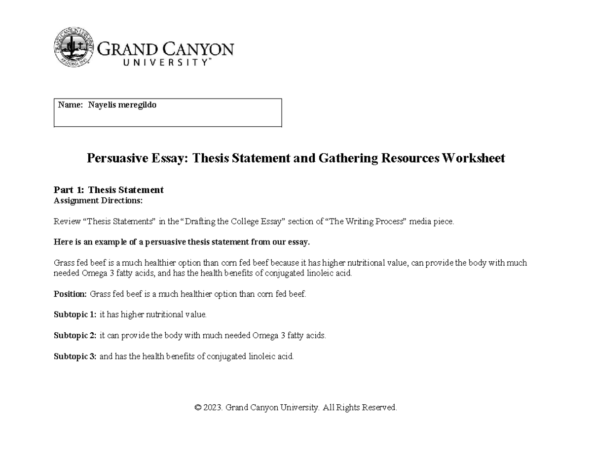 PHI105 T3 Persuasive Essay: Thesis Statement & Resource Gathering 2023 ...