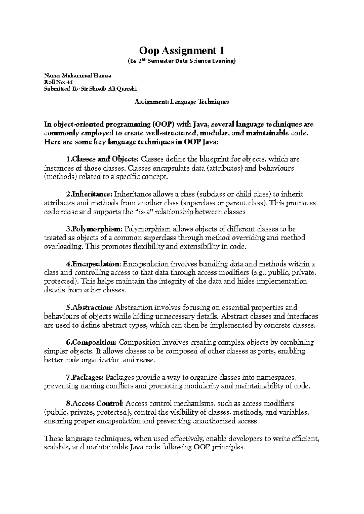 Oop Assignment (Language Techniques) - Oop Assignment 1 (Bs 2nd ...