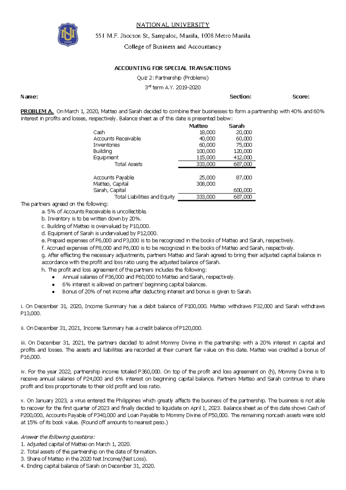 Quiz 2: Accounting for Partnerships - Formation & Liquidation Problems ...