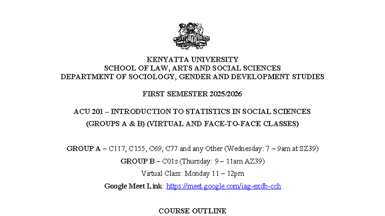 ACU 201 - Introduction to Statistics in Social Sciences Course Outline ...