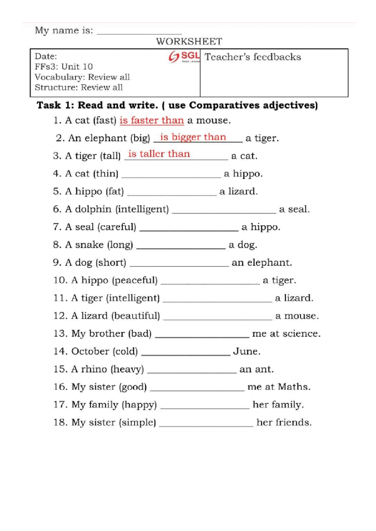 SGL FFs3: Unit 10 Vocabulary Worksheet on Comparatives & Superlatives ...