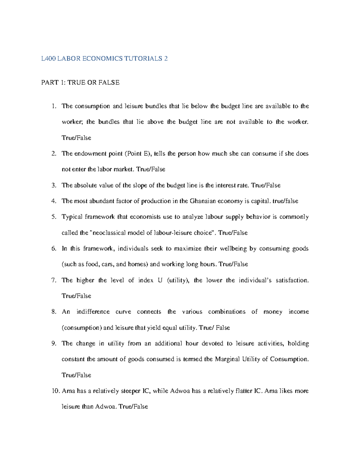 L400 Labor Economics Tutorials 2 - L400 LABOR ECONOMICS TUTORIALS 2 ...