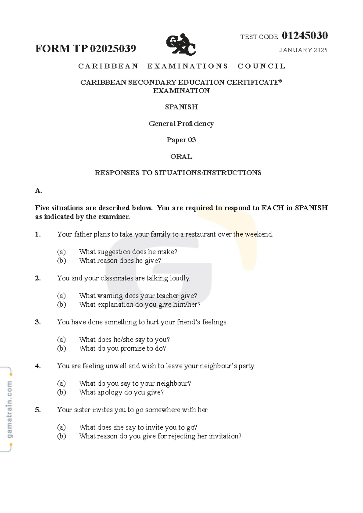 CSEC SPANISH General Proficiency Paper 03 Oral Responses TP 02025039 ...