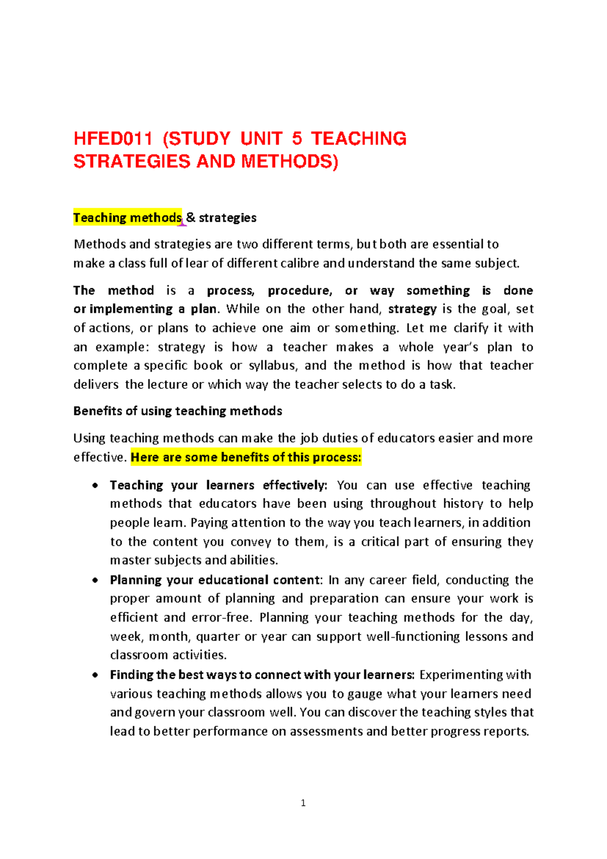 HFED011 Study Unit 5: Effective Teaching Strategies and Methods - Studocu
