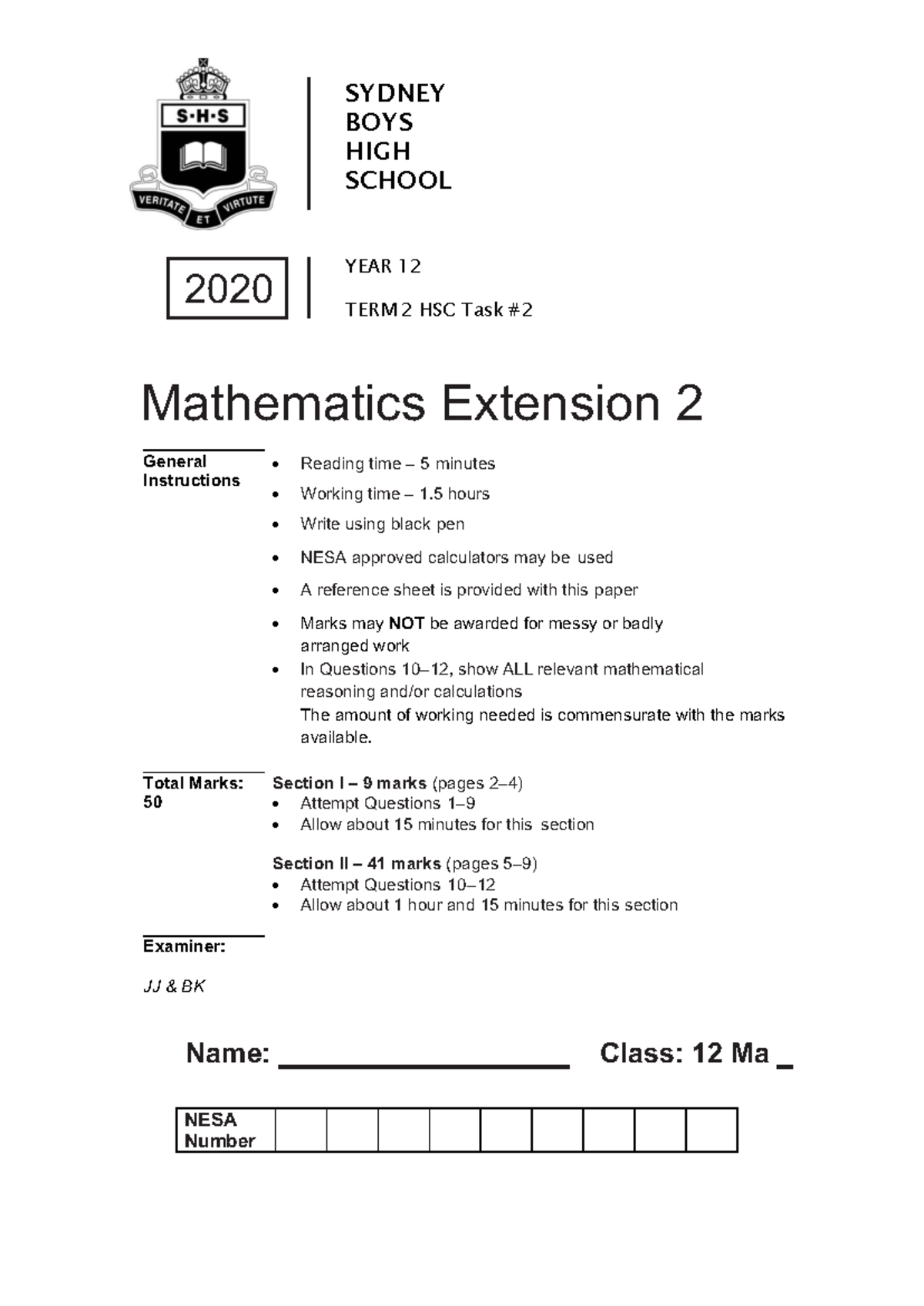 Sydney Boys High School 2020 Year 12 HSC Mathematics Ext 2 Solutions ...