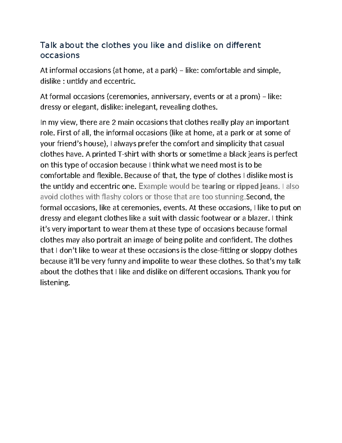 Clothes Preferences for Different Occasions: Likes & Dislikes - Studocu