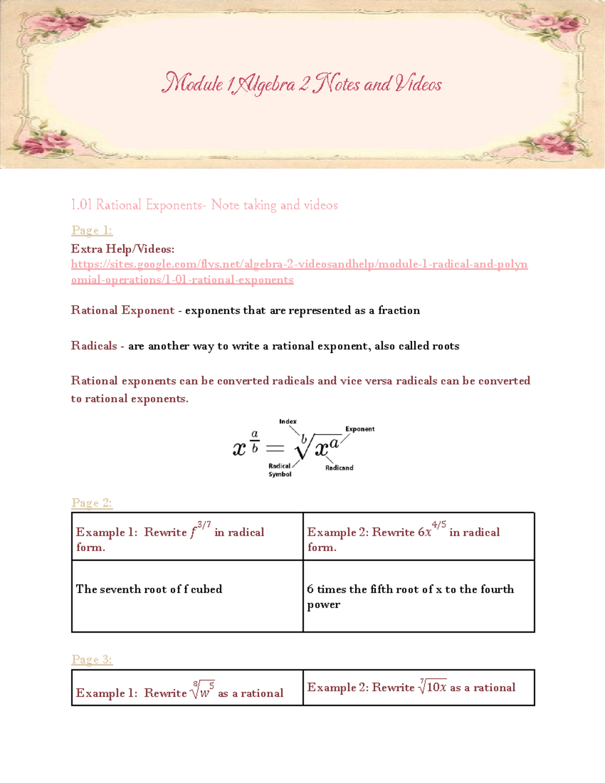 Algebra 2 Module 1 Notes - Module 1 Algebra 2 Notes and Videos 1 ...