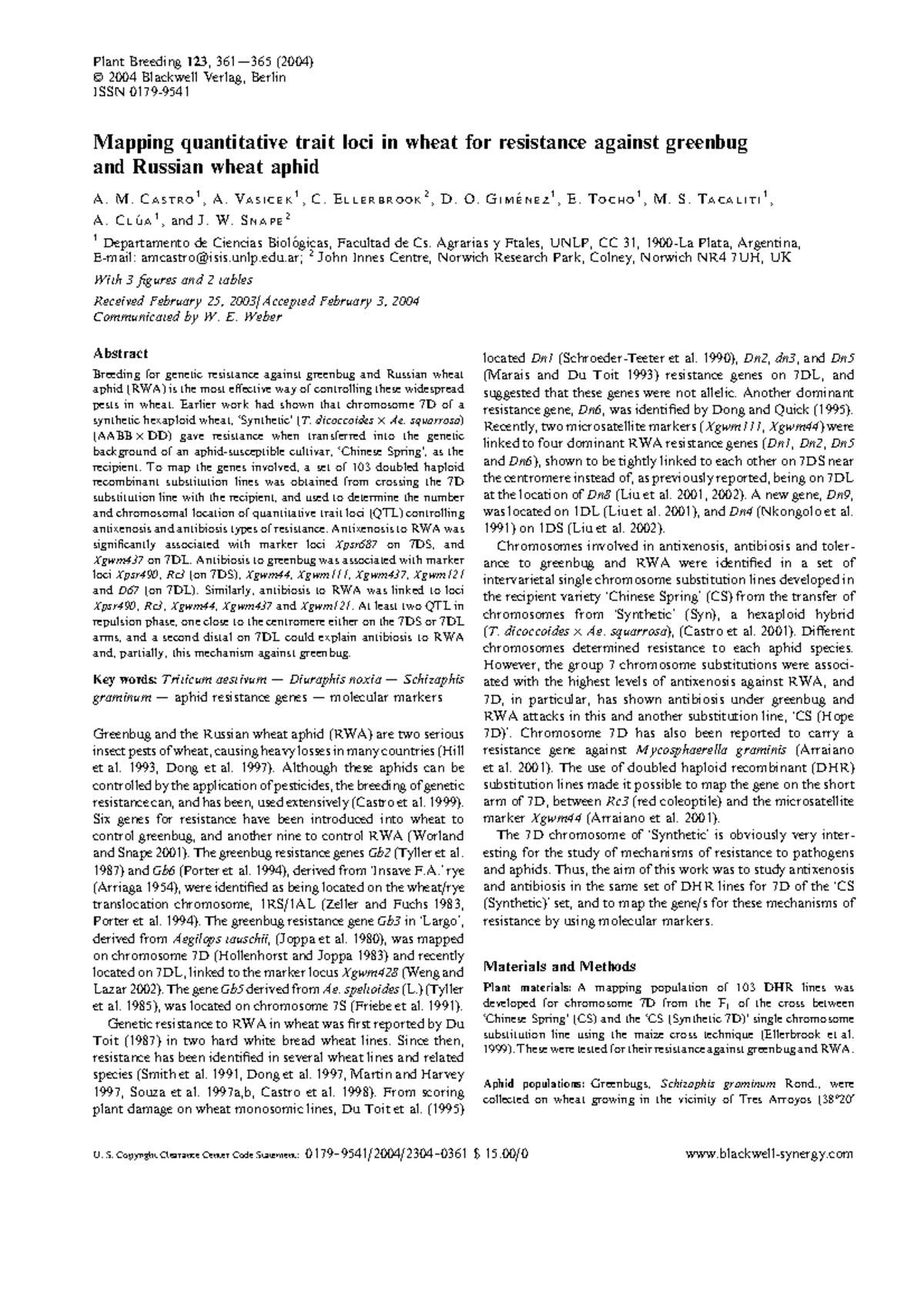 Mapping QTL for Wheat Resistance to Greenbug and RWA - Studocu