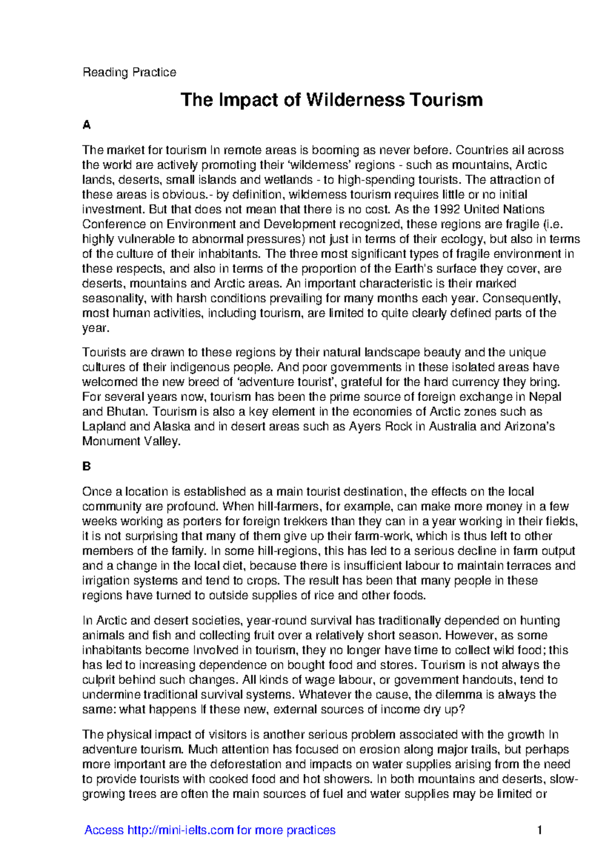 The Impact of Wilderness Tourism: A Reading Practice Guide - Studocu