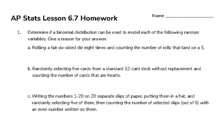 AP Stats Lesson 6.7 Practice Problems on Binomial Distributions - Studocu