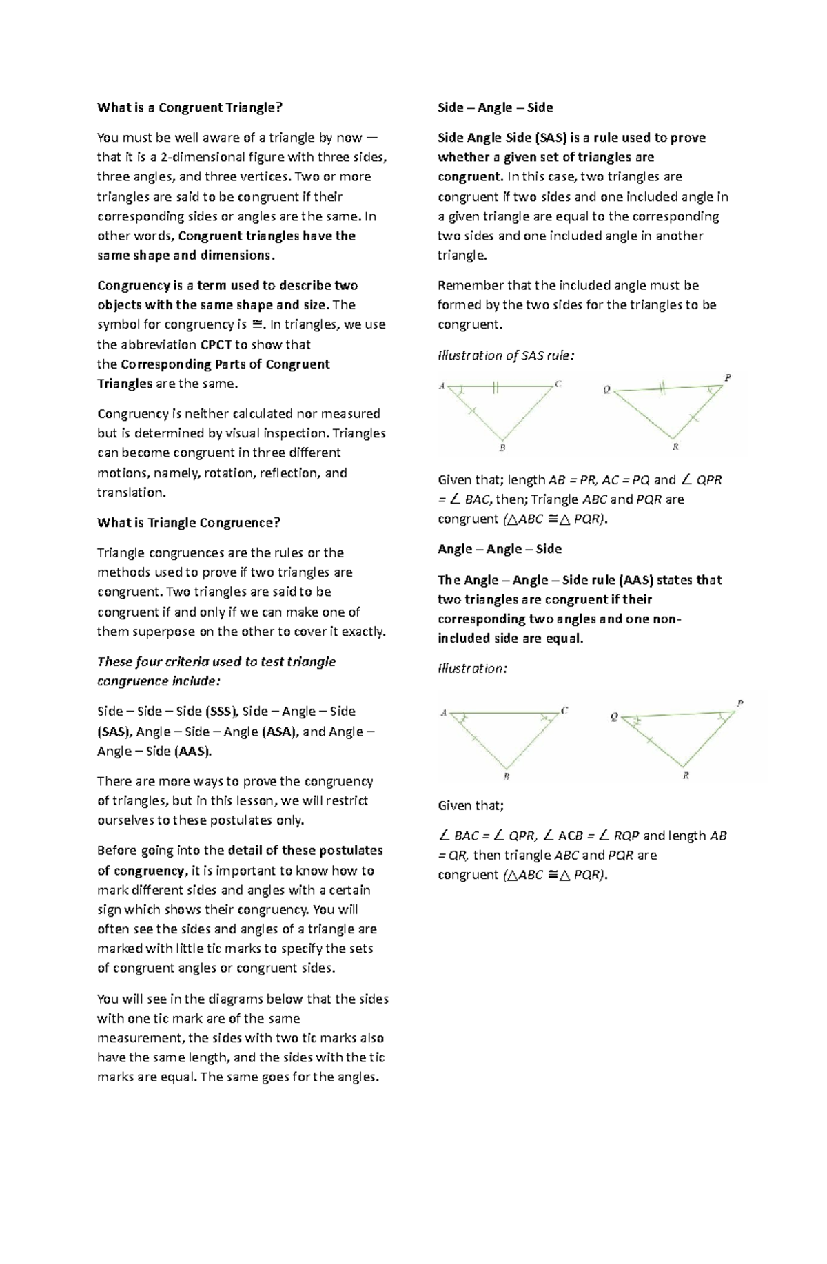 Understanding Congruent Triangles: Definitions & Theorems - Studocu