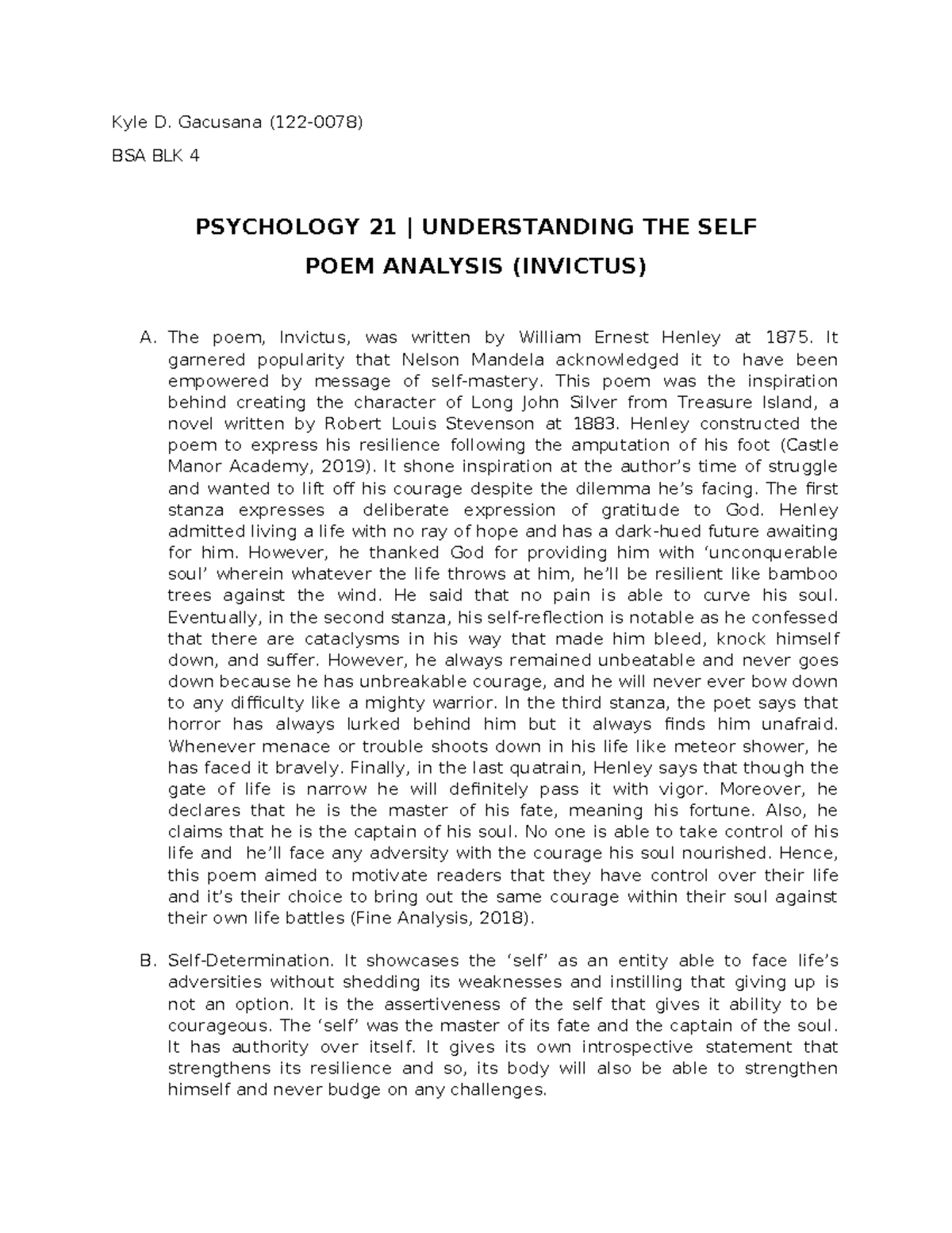 Poem-Analysis-(Invictus) - Kyle D. Gacusana (122-0078) BSA BLK 4 ...