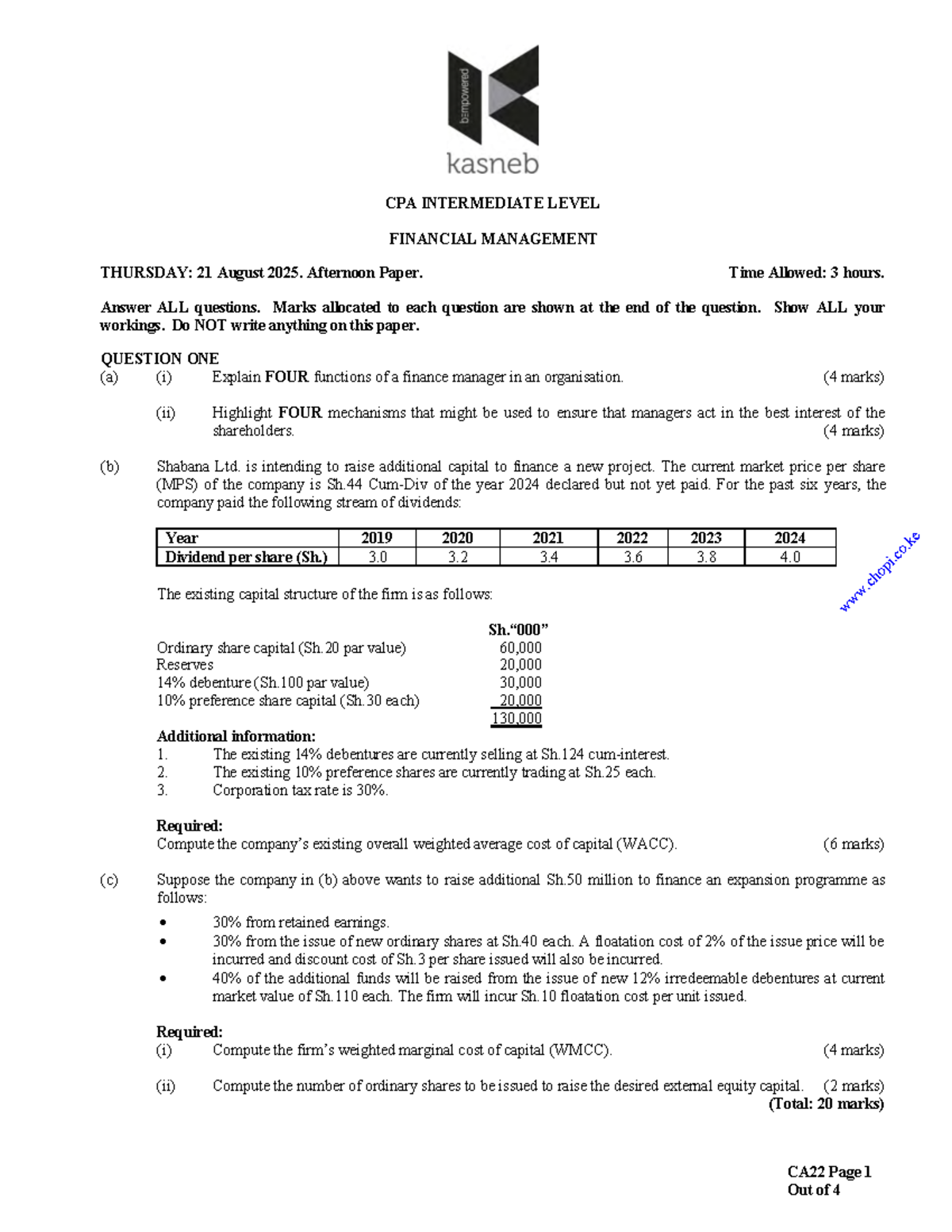CPA INTERMEDIATE LEVEL FINANCIAL MANAGEMENT PAST PAPERS - AUGUST 2025 ...