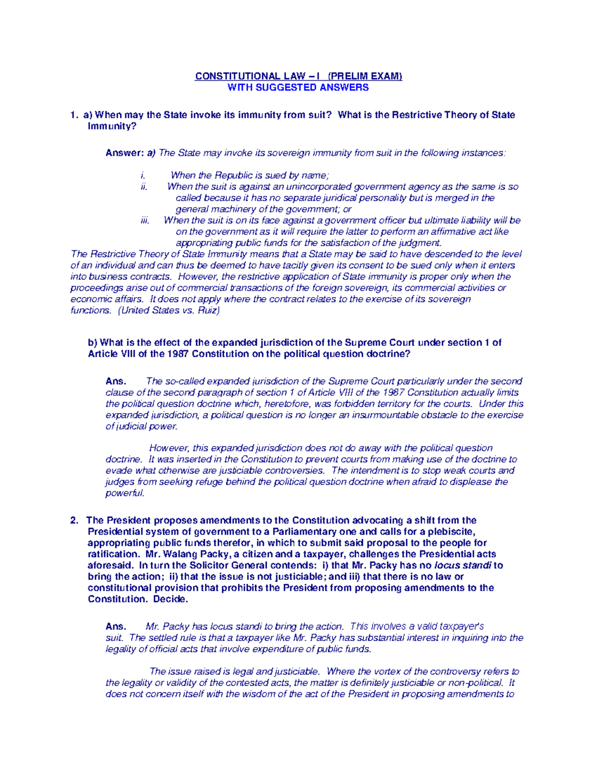 Constitutional Law I Prelim Exam with Suggested Answers - Sample Exam ...
