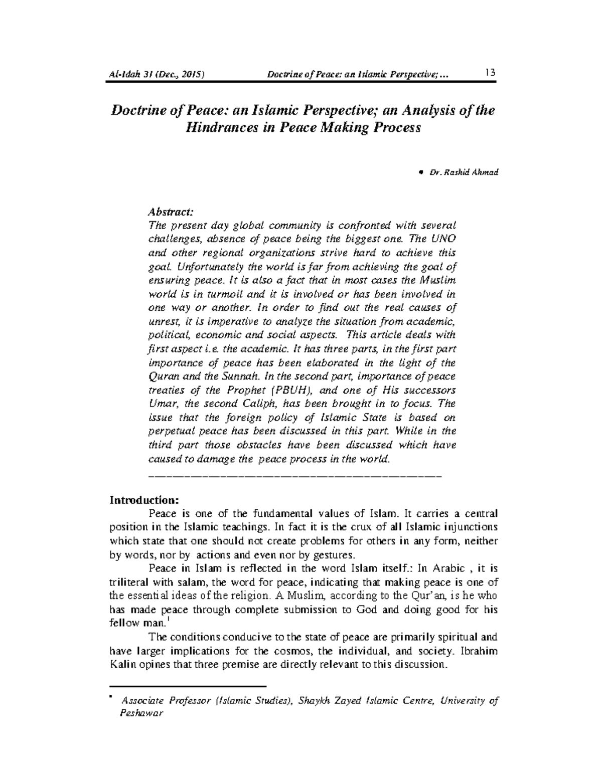 Analysis of Hindrances in Peace Making: An Islamic Perspective (ISL 101 ...