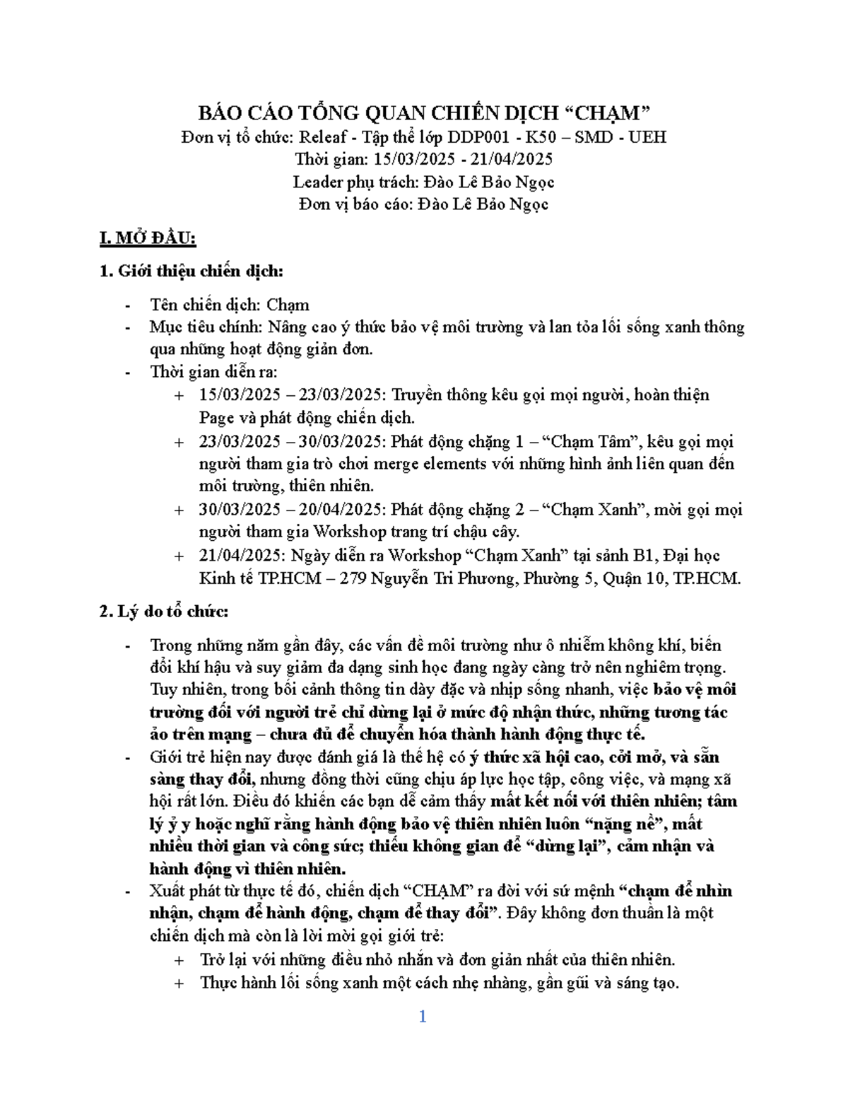 BÁO CÁO TỔNG QUAN CHIẾN DỊCH CHẠM - DDP001 K50 SMD UEH - Studocu