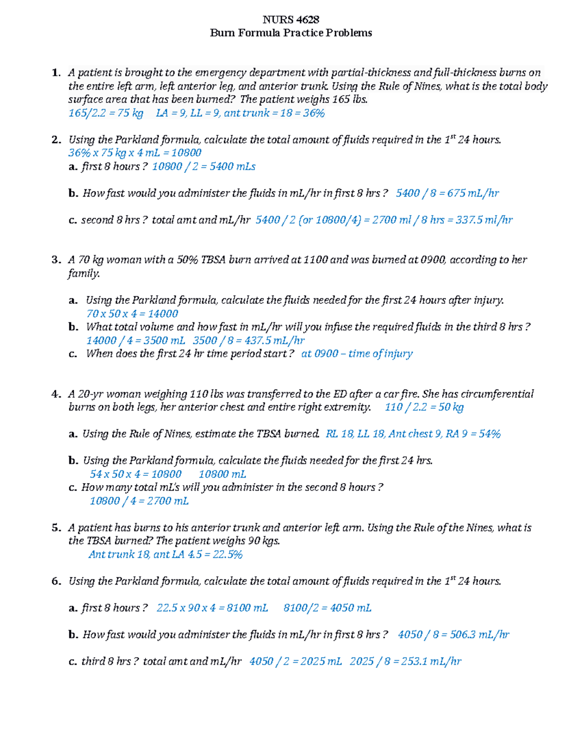 NURS 4628 Burn Formula Practice Problems - Key Solutions - Studocu