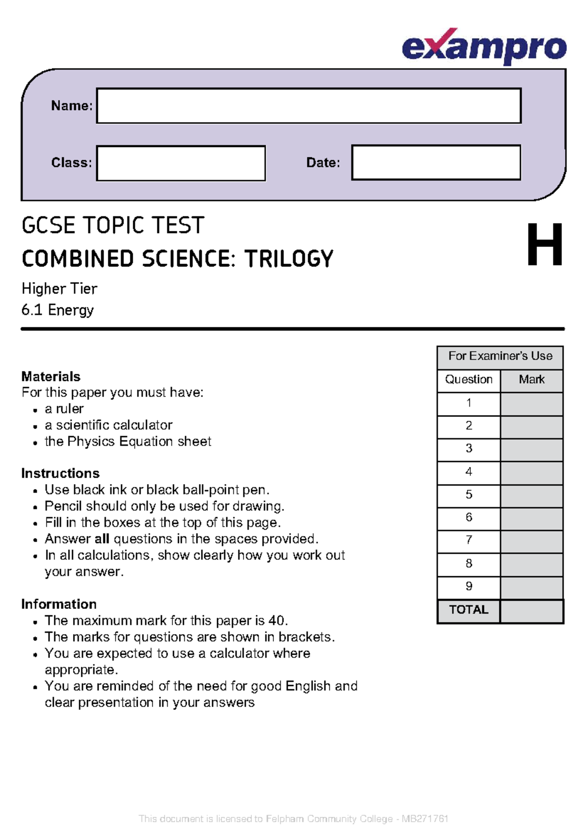 GCSE COMBINED SCIENCE: TRILOGY H Higher Tier Topic Test on Energy - Studocu