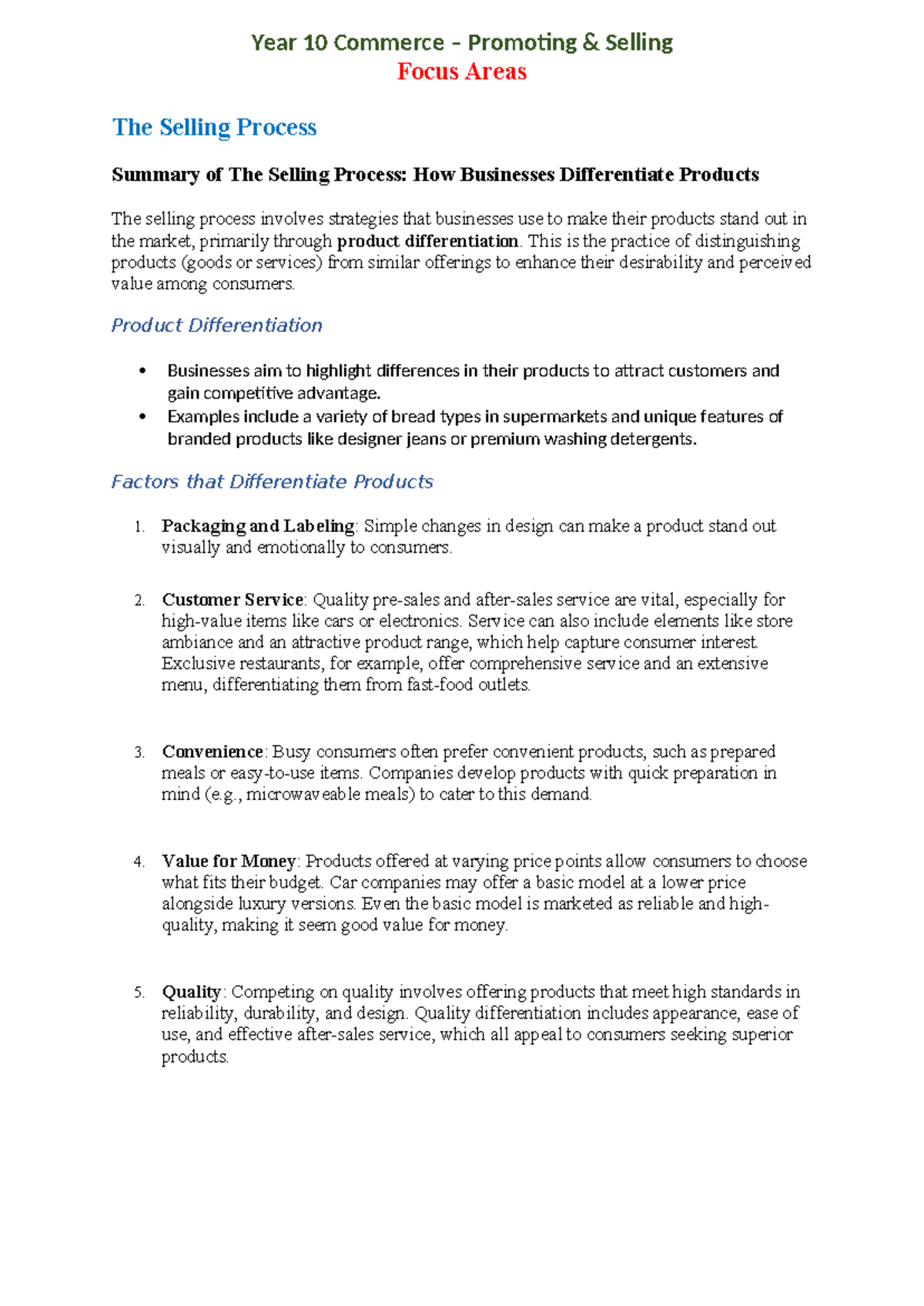 Y10 Commerce: Promoting & Selling Focus Areas Summary - Studocu