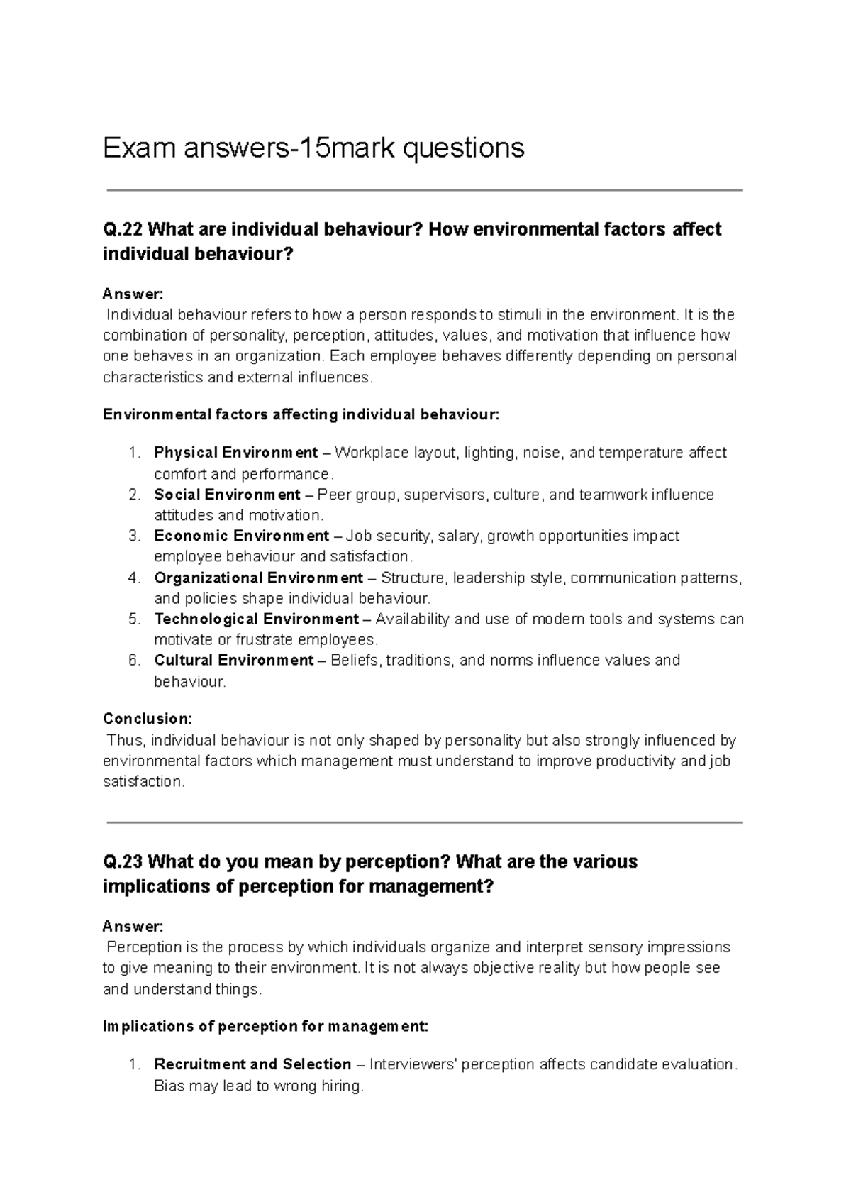 OB 15 Mark Questions: Individual Behavior, Perception & Group Dynamics - Studocu