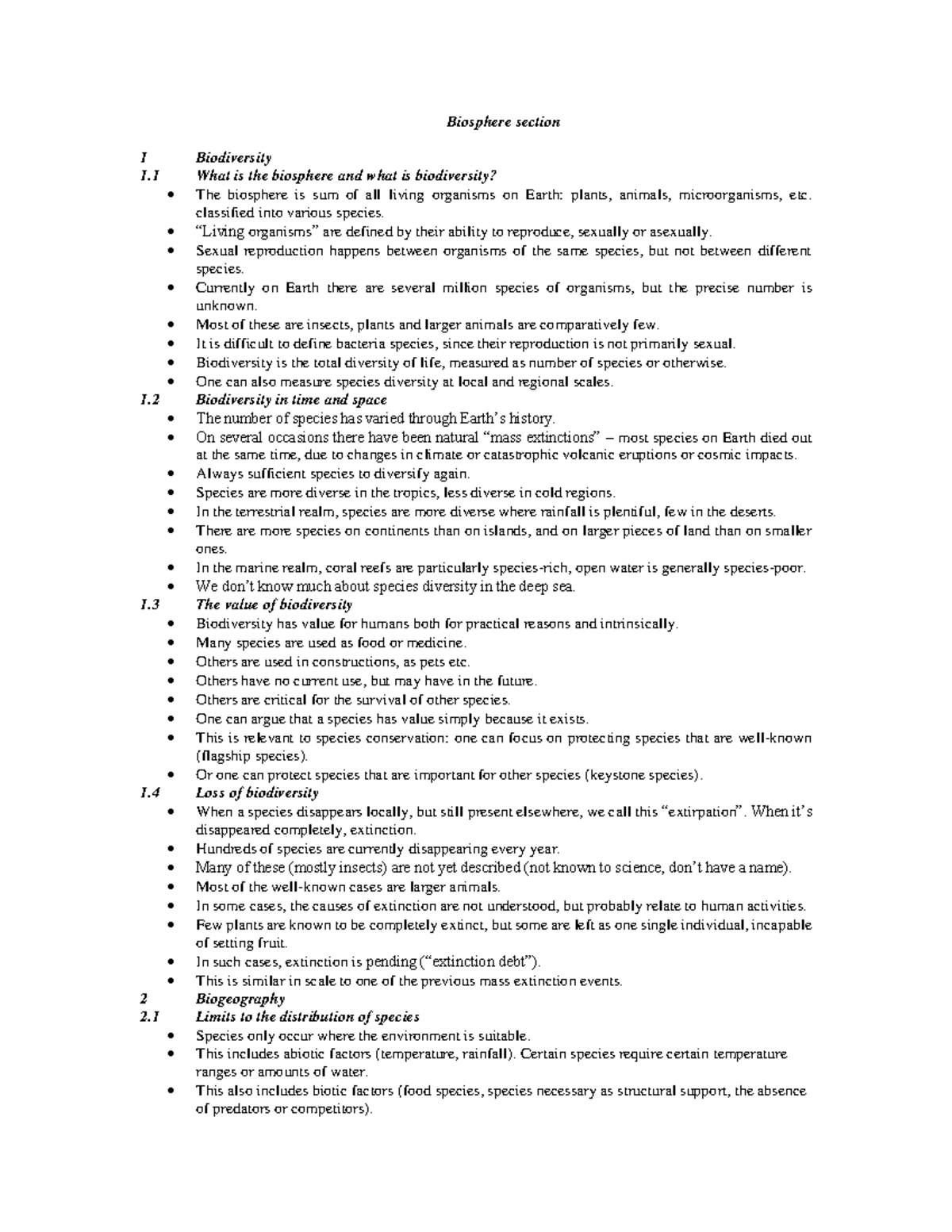 Biosphere & Biodiversity Overview: Sections 1-3 Summary - Studocu