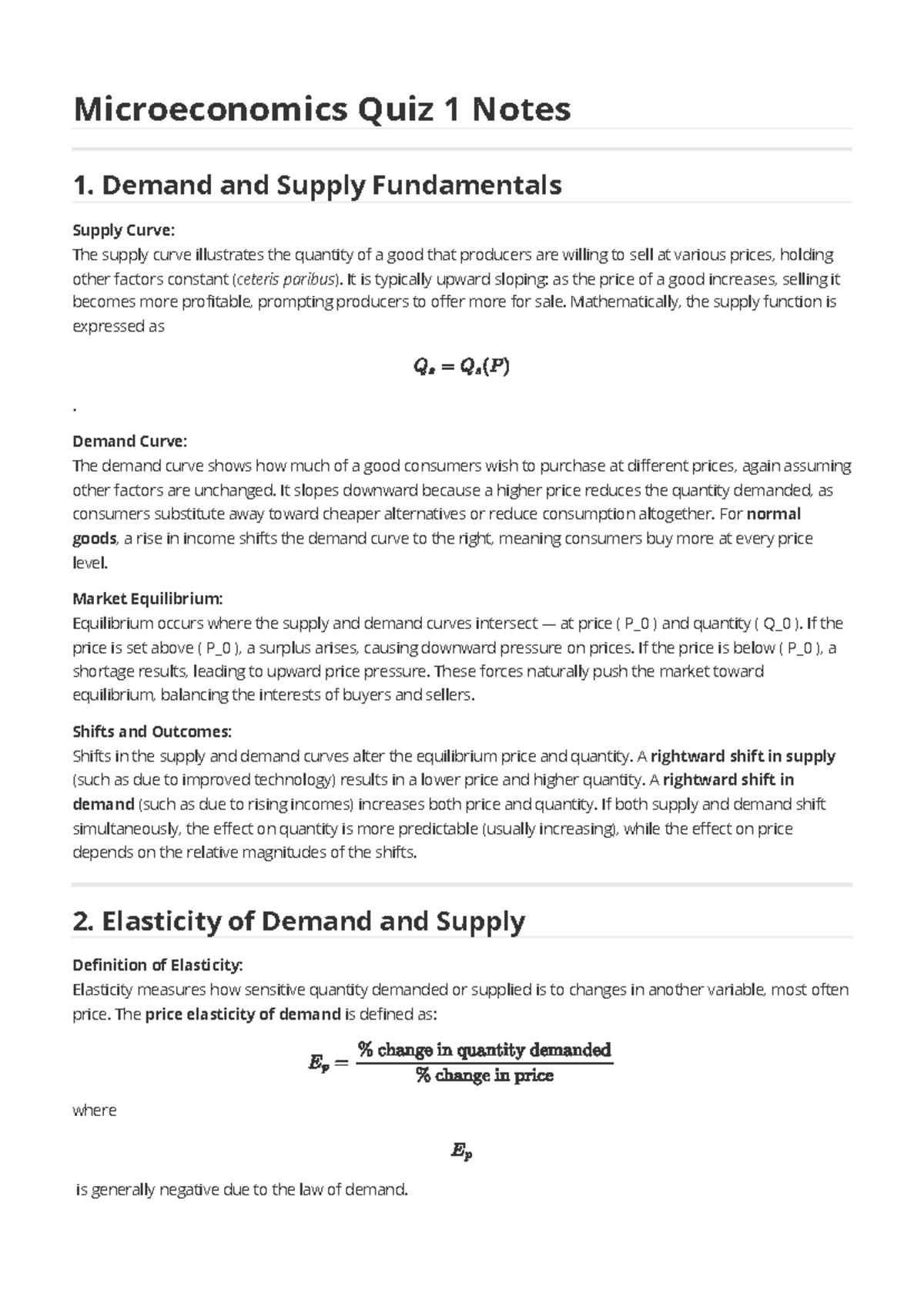 Microeconomics Quiz 1 Notes: Demand, Supply, and Elasticity Concepts ...