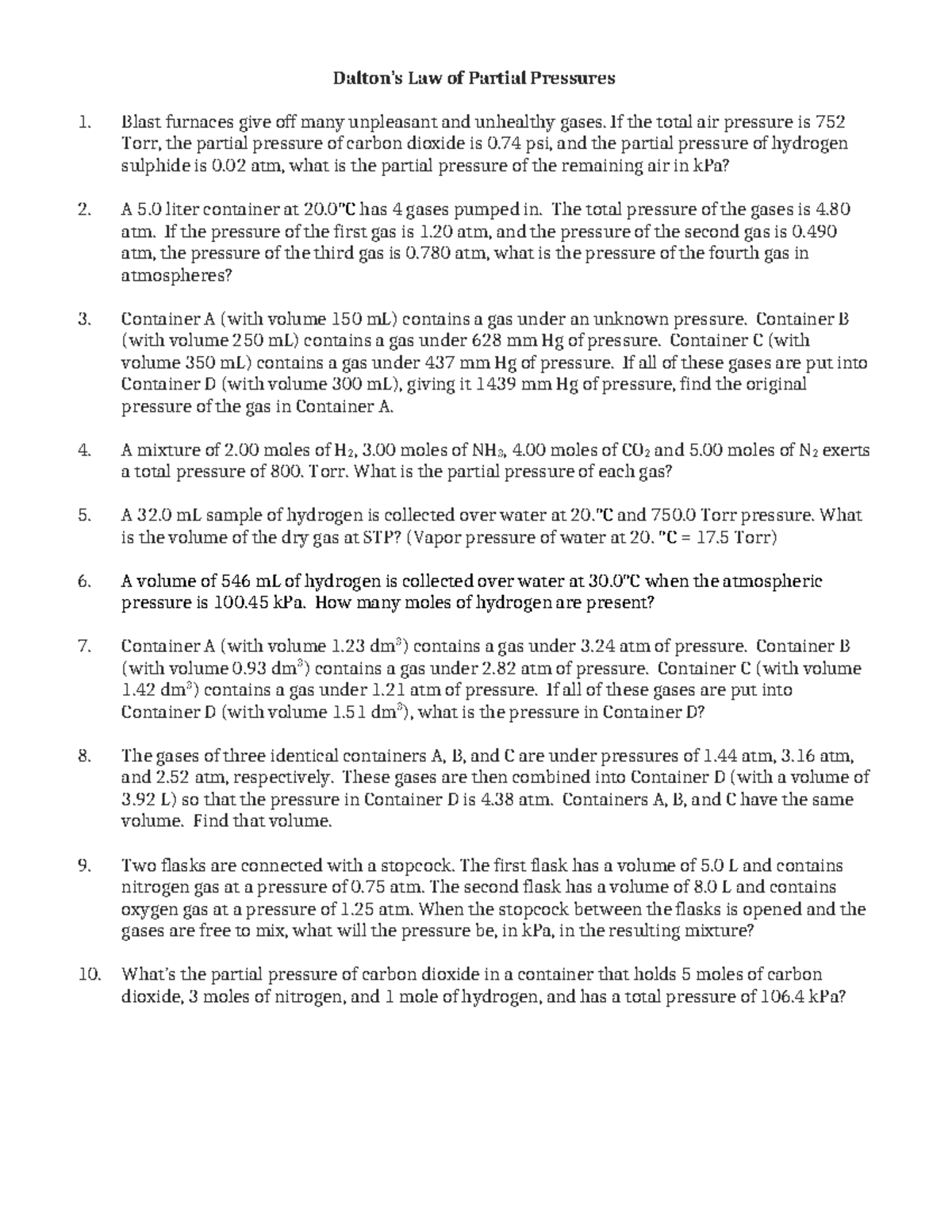 W6.2 - Dalton's Law of Partial Pressures: Calculations & Examples - Studocu