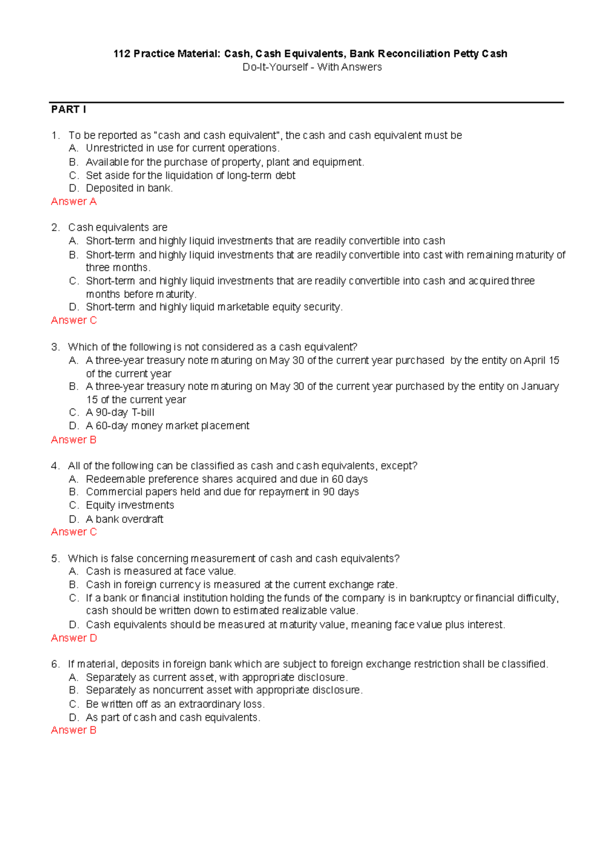 Cash & Cash Equivalents and Bank Reconciliation Practice (112) - Studocu