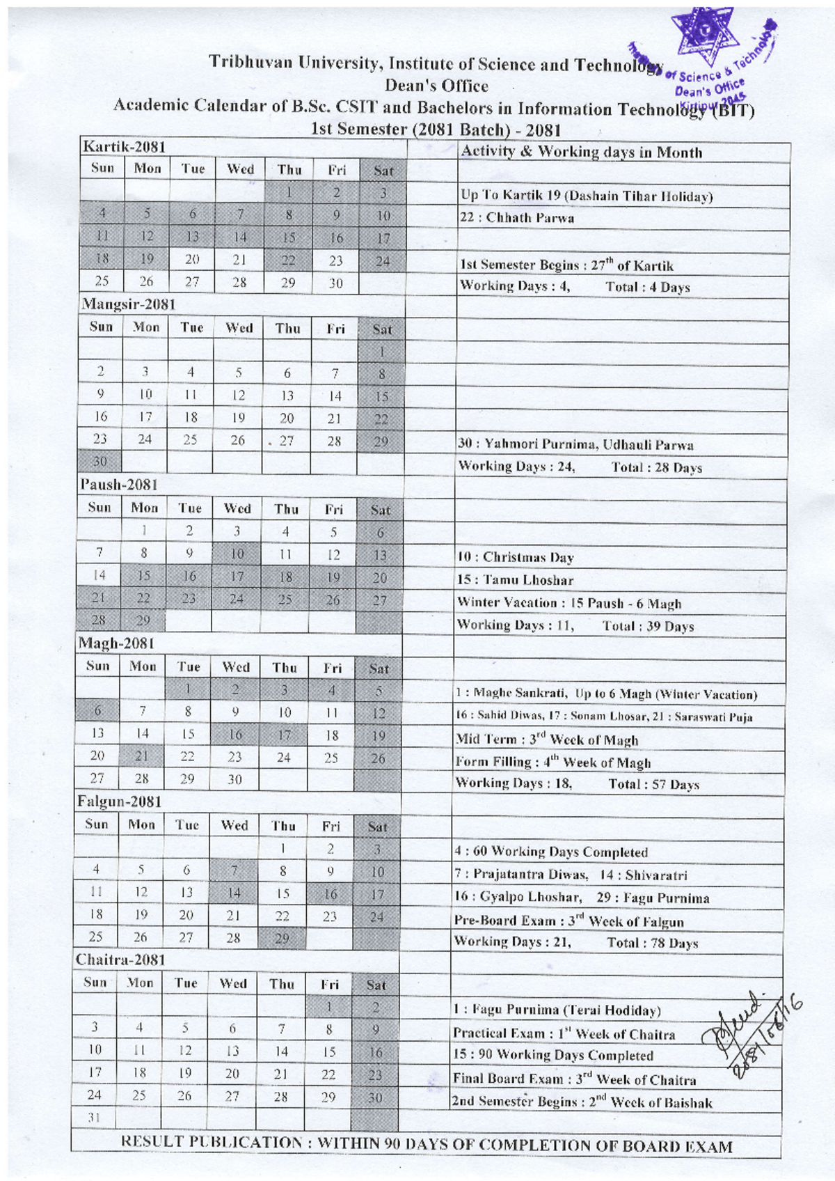 Academic calendar BIT Schedule 1ST SEM - Tribhuvan university ...