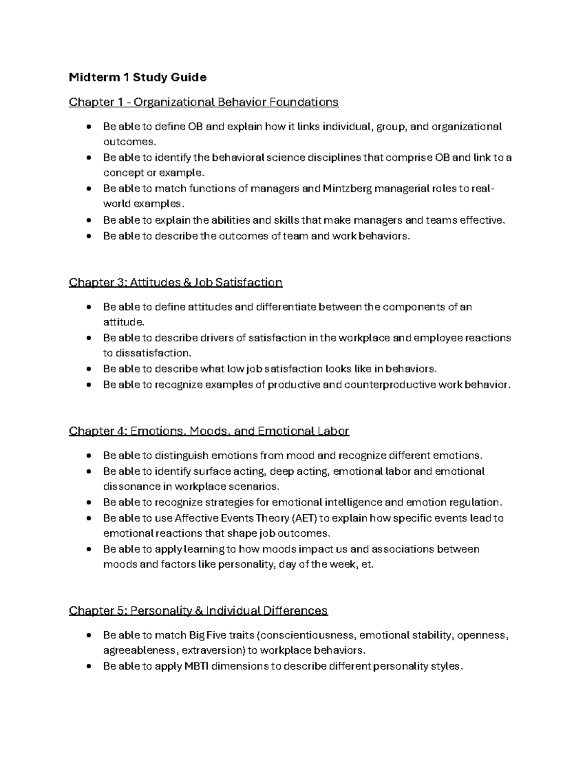 Organizational Behavior Midterm 1 Study Guide - Midterm 1 Study Guide Chapter 1 - Organizational ...