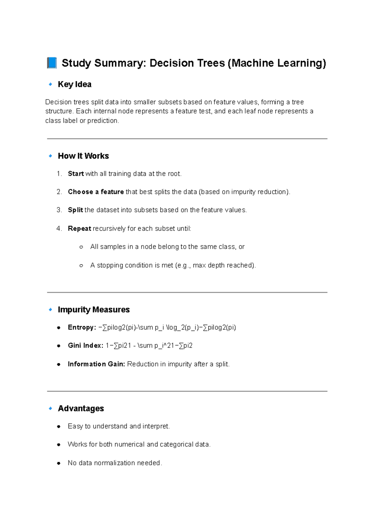 Decision Trees Summary: Key Concepts in ML (CS101) - Studocu