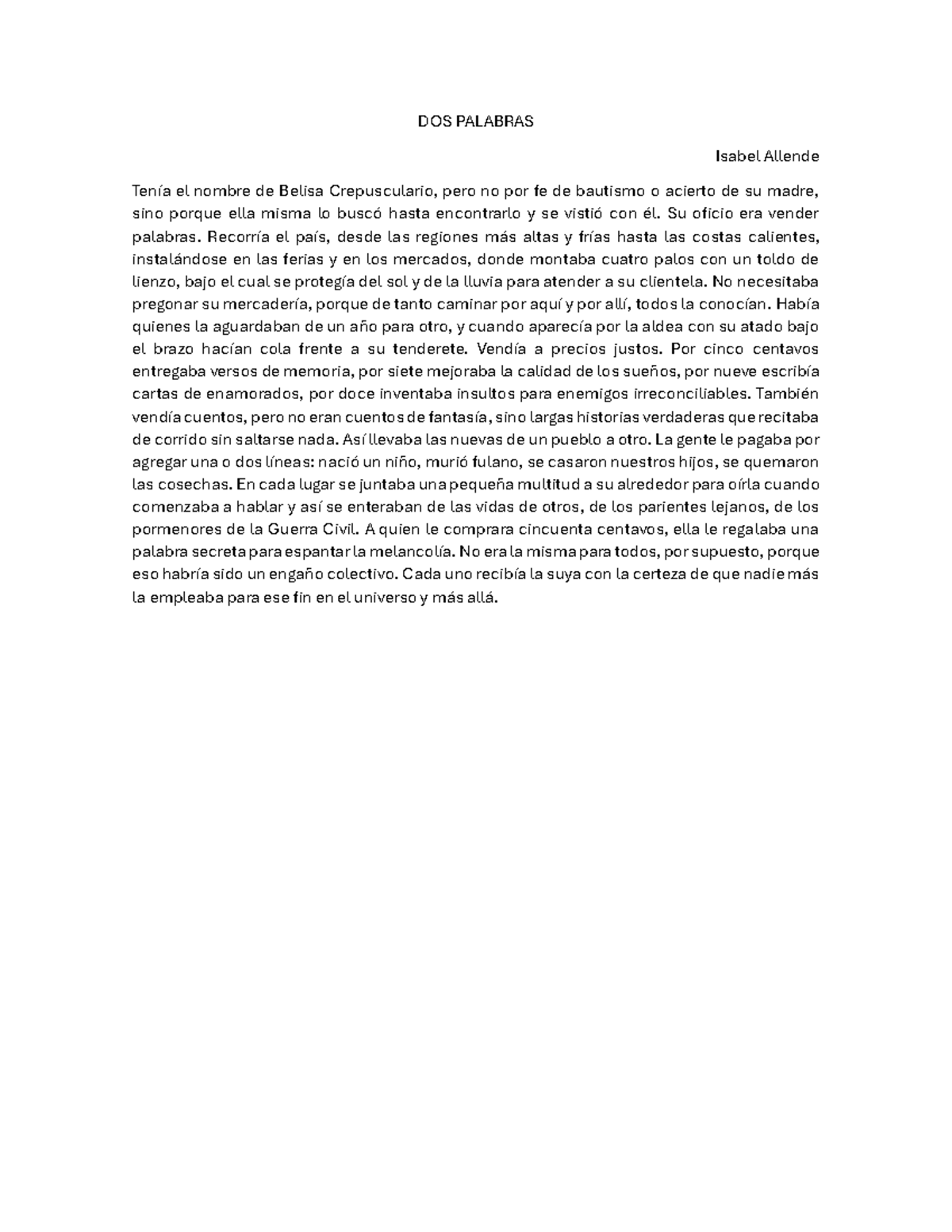 6. DOS Palabras - DOS PALABRAS Isabel Allende Tenía el nombre de Belisa ...