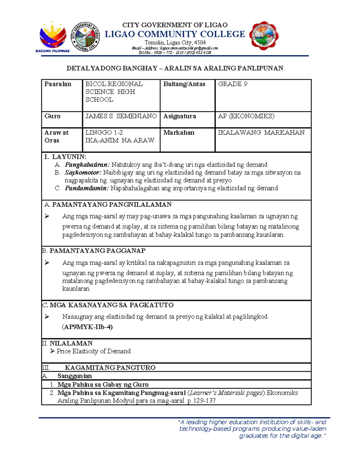 DLP-(Q2-W1-2) Elasticity of Demand for Grade 9 AP (Ekonomiks) - Studocu