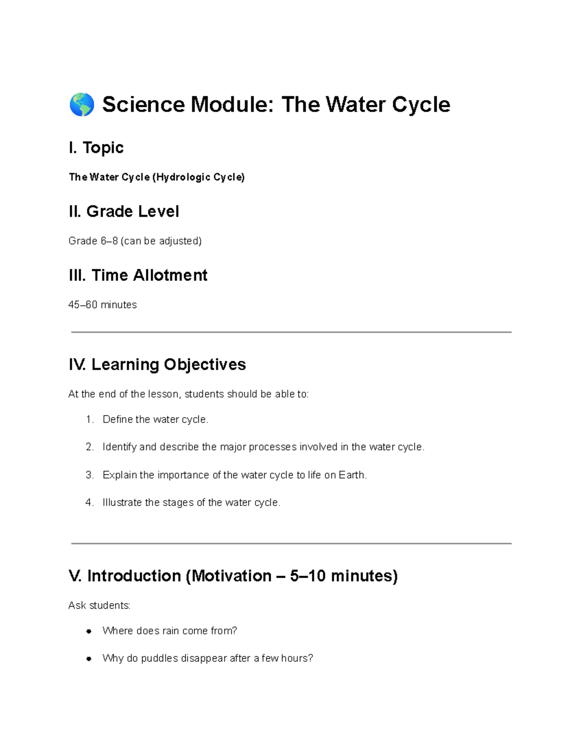 Science Module: The Water Cycle Overview and Lesson Plan - Studocu