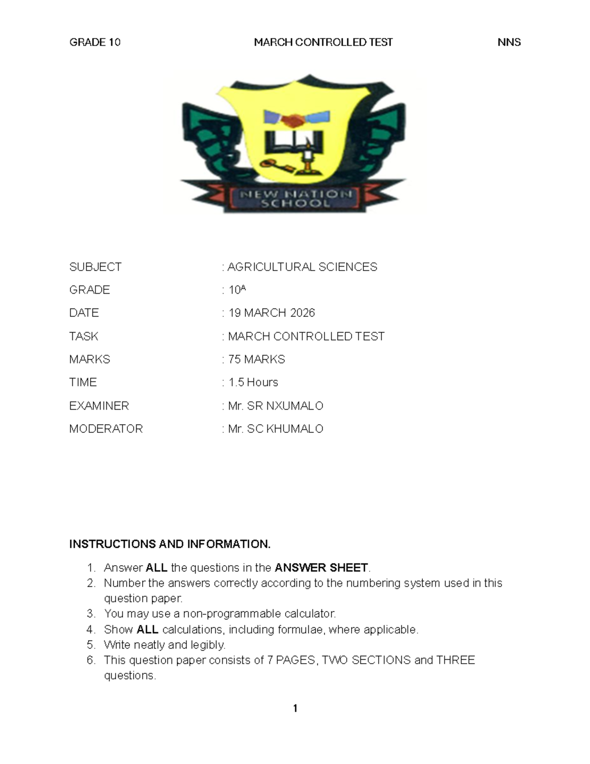 GRADE 10 MARCH CONTROLLED TEST: AGRICULTURAL SCIENCES (75 MARKS) - Studocu